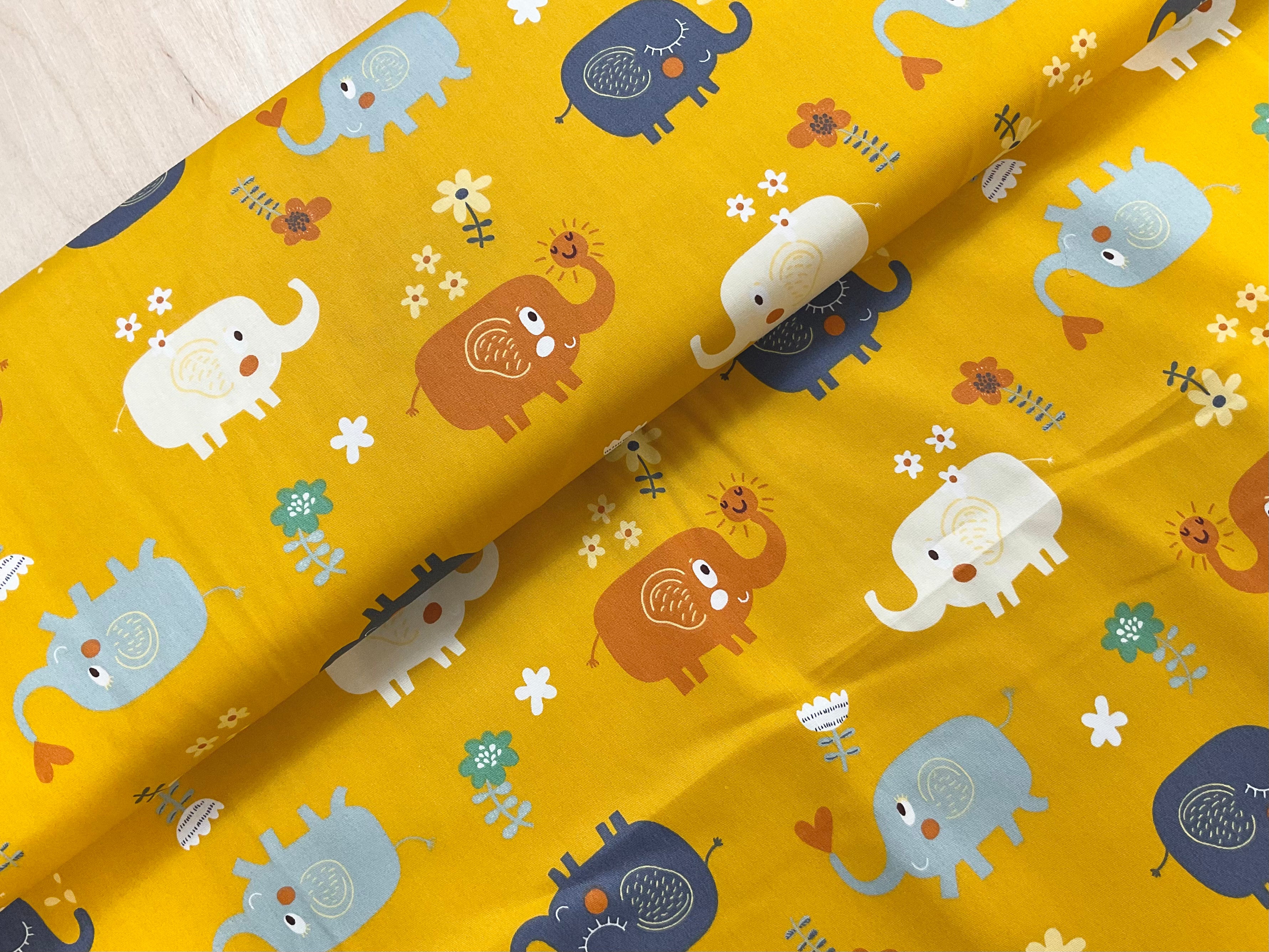 Happy Elephants on Mustard Cotton Poplin – Little Legs Fabrics